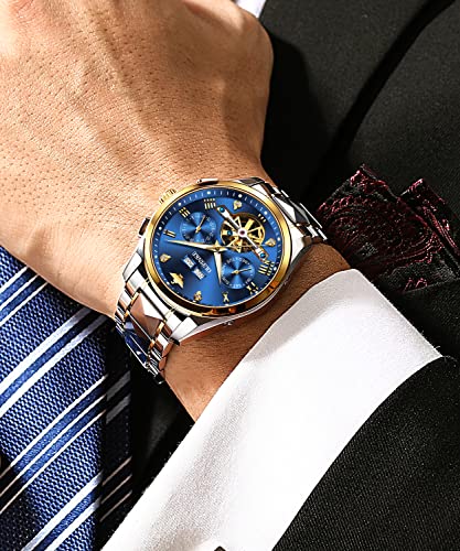 OUPINK Automatic Watches for Men Luxury Mechanical Tungsten Steel Casual Luminous Wristwatch Waterproof Sapphire Calendar Watches Blue