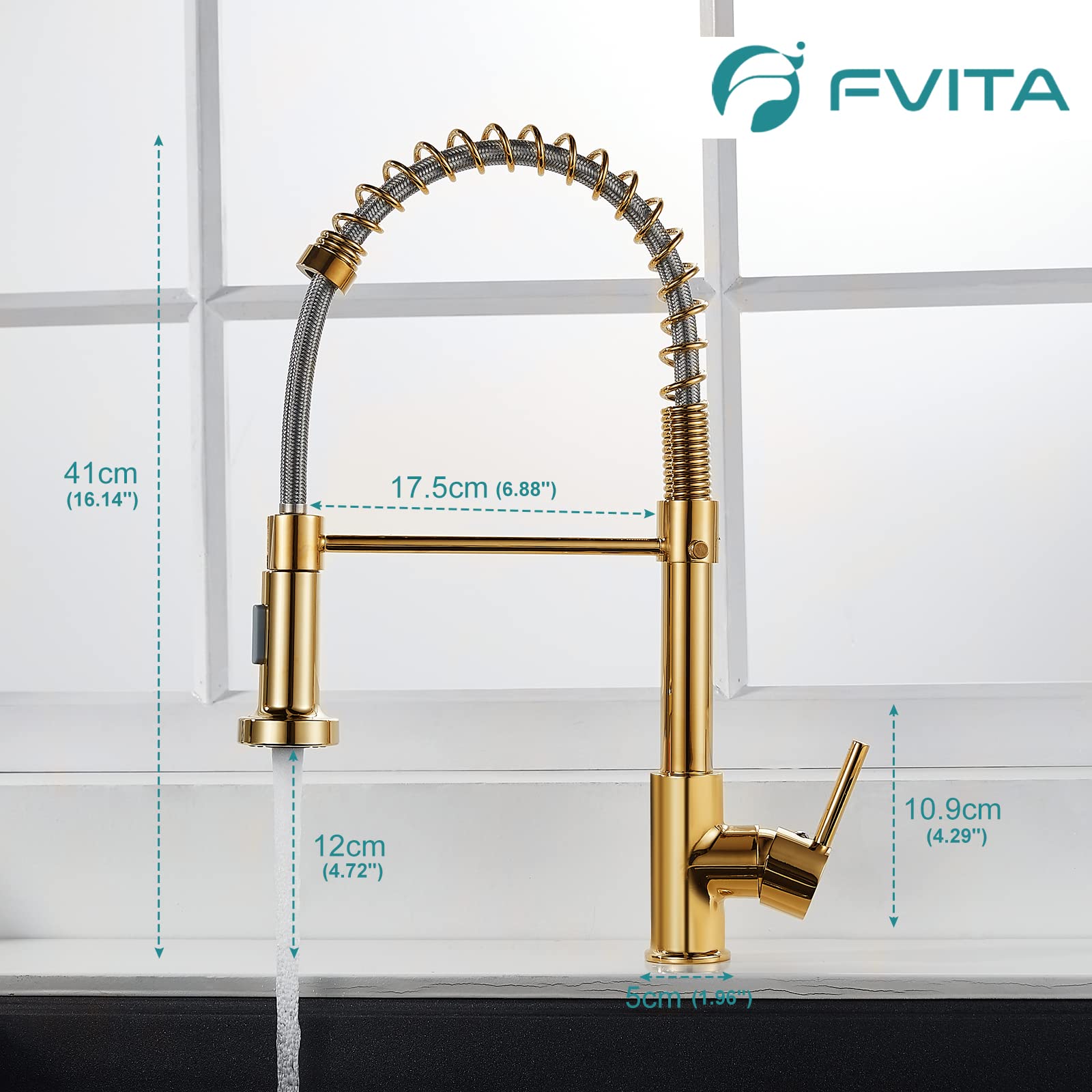 FVITA Polished Gold Kitchen Faucet with Pull Down Sprayer,Lead-Free Solid Brass 16.1'' Kitchen Sink Faucet Single Handle Spring Swan Neck Faucet High Arc Single Hole Faucet for Kitchen Sink