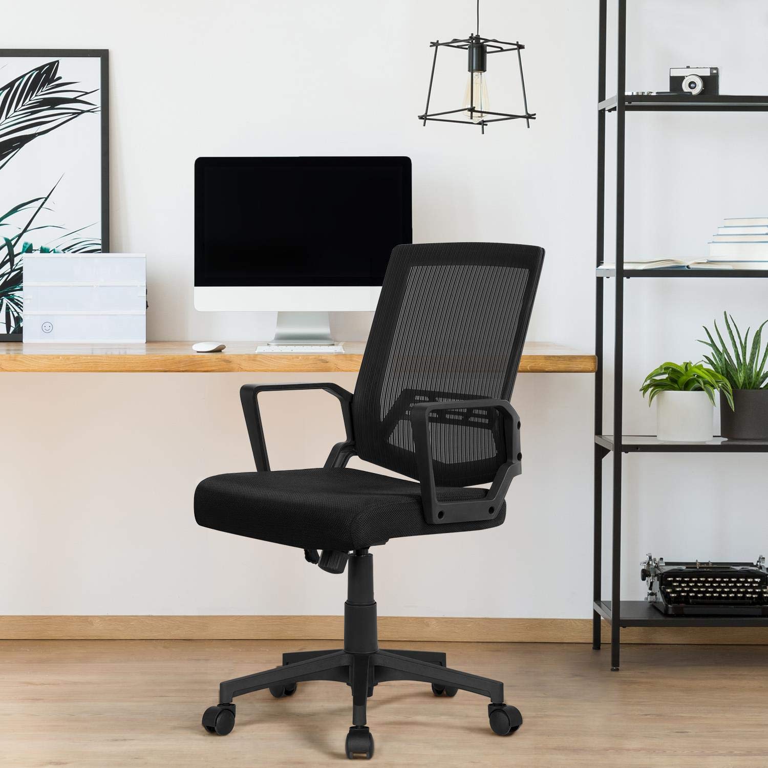 Yaheetech Home Office Modern Desk & Chair Set, Simple Computer Desk 40 Inch with Mesh Mid-Back Height Adjustable Office Chair, Long Writing/Work Desk, Mesh Swivel Chair with Lumbar Support, Black