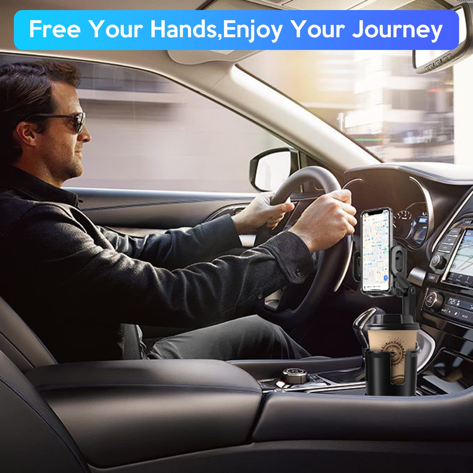 Cup Holder Phone Mount, Universal Cell Phone Holder for Car Truck SUV Drink Expand Cup Holder Adapter Long Arm 360° Rotation Adjustable Base Large Car Cupholder Fit for iPhone, Samsung & All Phone