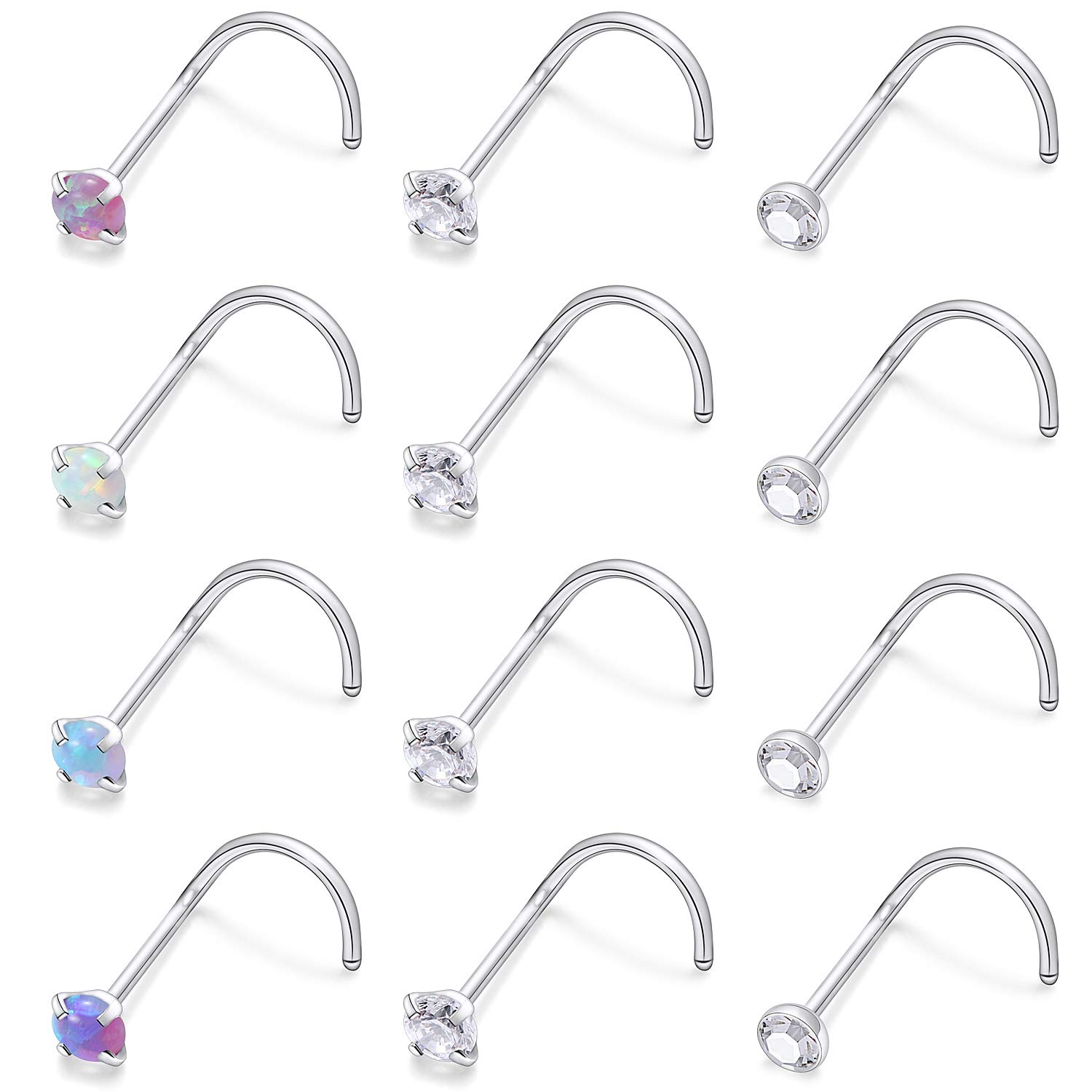 Cisyozi 22G Nose Rings Stud Piercing Jewelry Women Stainless Surgical Steel Nose Stud Silver Screw Twist Spiral Corkscrew Nose Nostril Ring Stud Hook Set Piercing Jewelry Women Men 1.5mm Diamond Opal