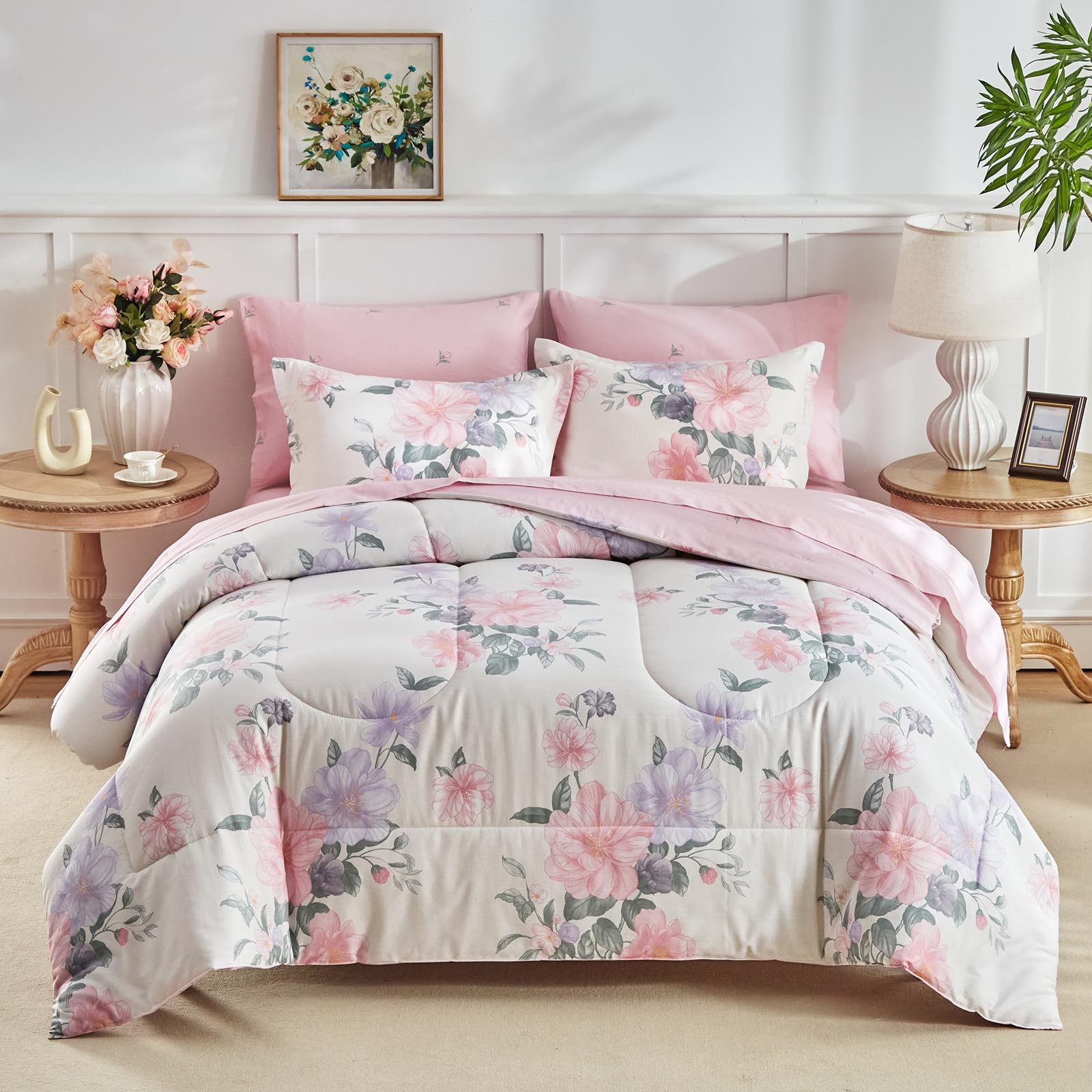 Botanical Bed in a Bag 7 Pieces King Size Cotton Comforter Sheet Set Gray Flowers Leaves Bedding Set (1 Comforter 2 Pillow Shams 1 Flat Sheet 1 Fitted Sheet 2 Pillowcases)