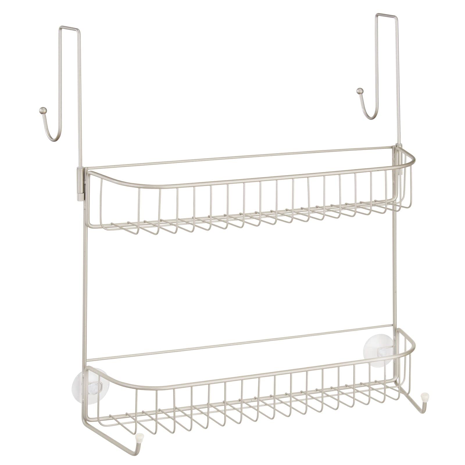 mDesign Extra Wide Metal Wire Over The Bathroom Shower Door Caddy, Hanging Storage Organizer with Built-in Hooks and Baskets on 2 Levels for Shampoo, Body Wash, Loofahs, Rust Resistant - Satin