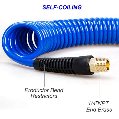 FYPower 1/4 inch x 25 ft Recoil Poly Air Hose Kit, 20 Pieces Air Compressor Accessories Set, 1/4" NPT Quick Connect Air Fittings, Blow Gun, Chuck, Safety and Tapered Nozzles, Couplings