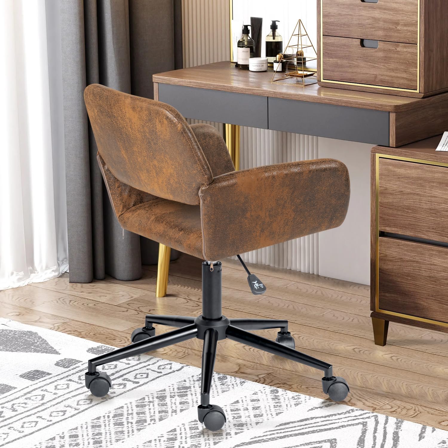 FurnitureR Office Chair, Upholstered Suede Mid Back Swivel Computer Desk Chair with Rolling Wheels, Adjustable Task Chair for Home, Bedroom, Make-up, Studying, Small Spaces - Brown