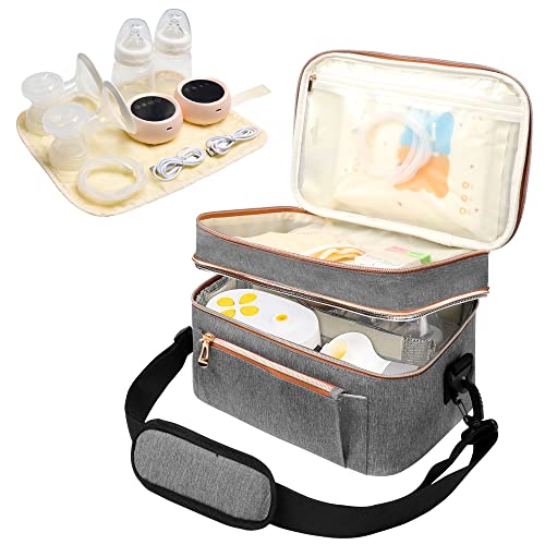 Partreko Wearable Breast Pump Bag with Insulated Pocket, Compatible with Most Breast Pumps for Medela, Elvie, Willow, Momcozy, 2 Layer Pump Bag with a Waterproof Mat & 3 Adjustable Dividers (Gray）
