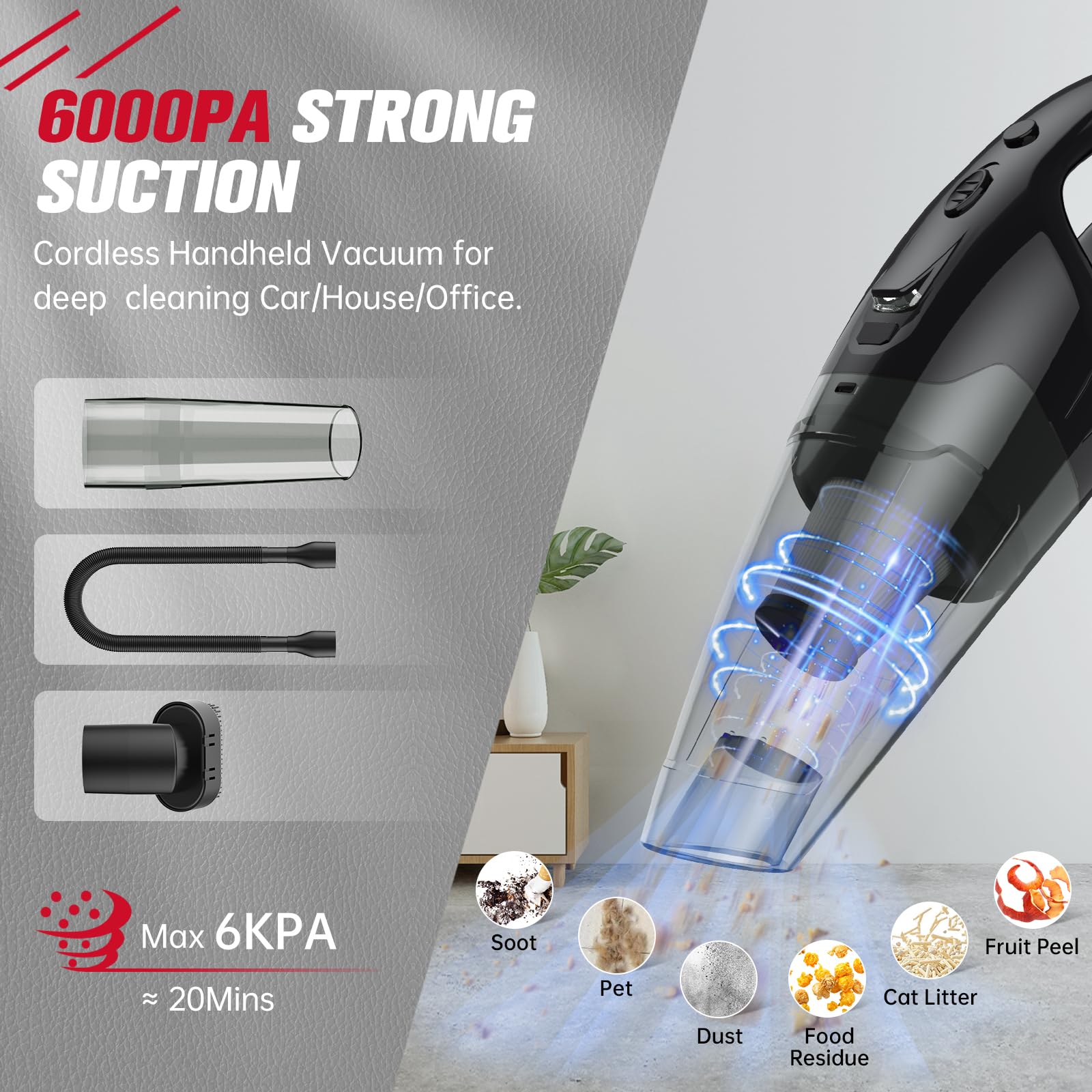BSRCO Handheld Vacuum Cordless Rechargeable with LED, Lightweight Hand Vacuums Dust Busters Cordless Rechargeable, Hand Vacuum for Car/Home/Pet