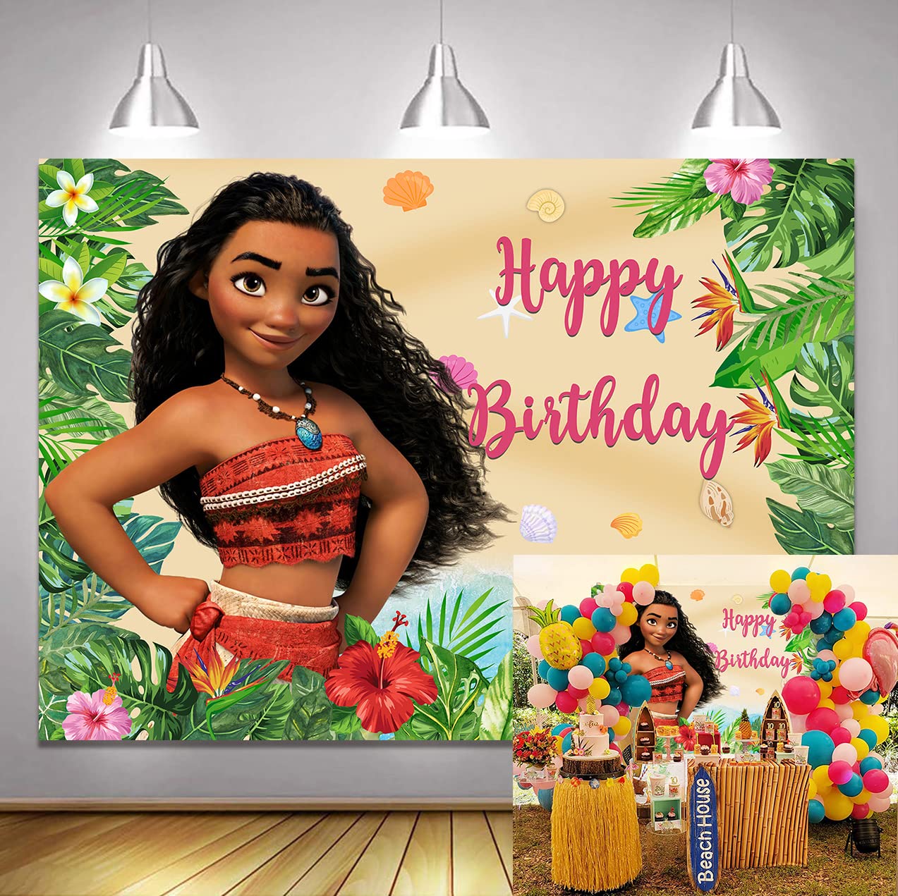 Cartoon Moana Backdrop Maui Summer Beach Princess Girl Birthday Photography Background Baby Shower Party Banner Cake Table Decoration Backdrop 5x3FT