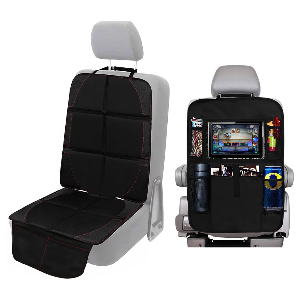 Car Seat Protector + Back Kick Mat Organizer, Black - Waterproof Seat Cover Padding Protector Upholstery Premium Durable Construction Convertible Seat Cover Pad with Backseat Organizer for Baby