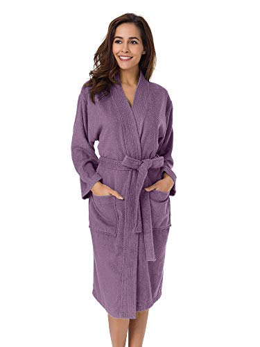SIORO Terry Cloth Robe for Women Kimono Long Cotton Bathrobe for Spa Shower Hot Tub Hotel, Soft Absorbent Fuzzy Towel Robe bata de baño with Pockets, Plum Medium