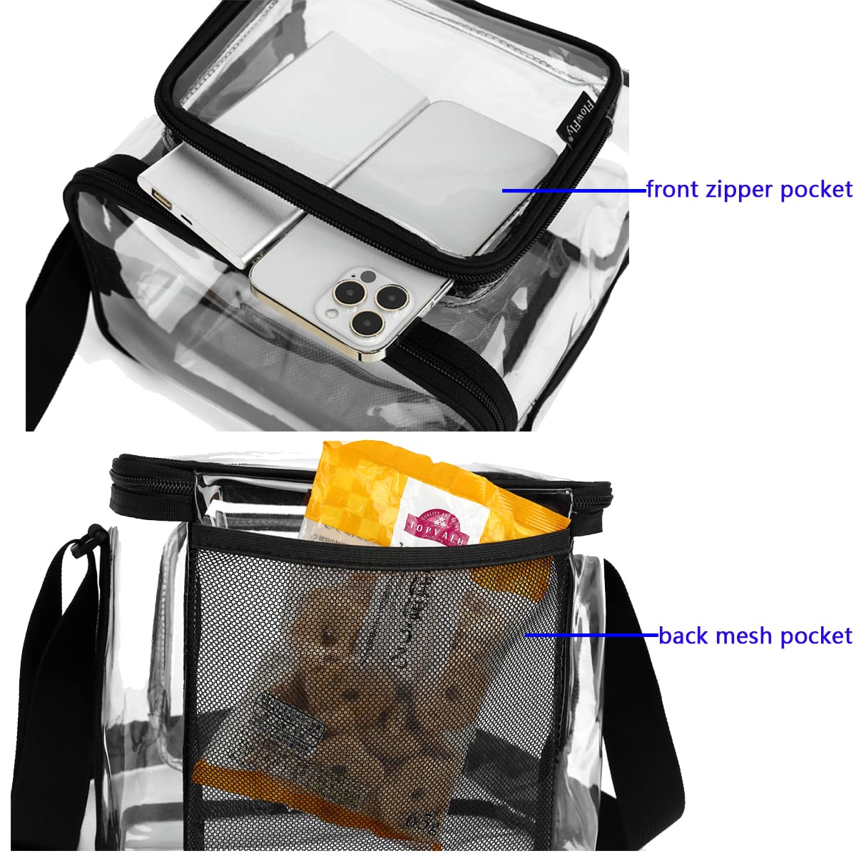 FlowFly Clear Lunch Bag Adult Large Heavy Duty Transparent Stadium Approved Lunch Box for Women and Men with Adjustable Shoulder Strap, Front Zipper Pocket, Clear