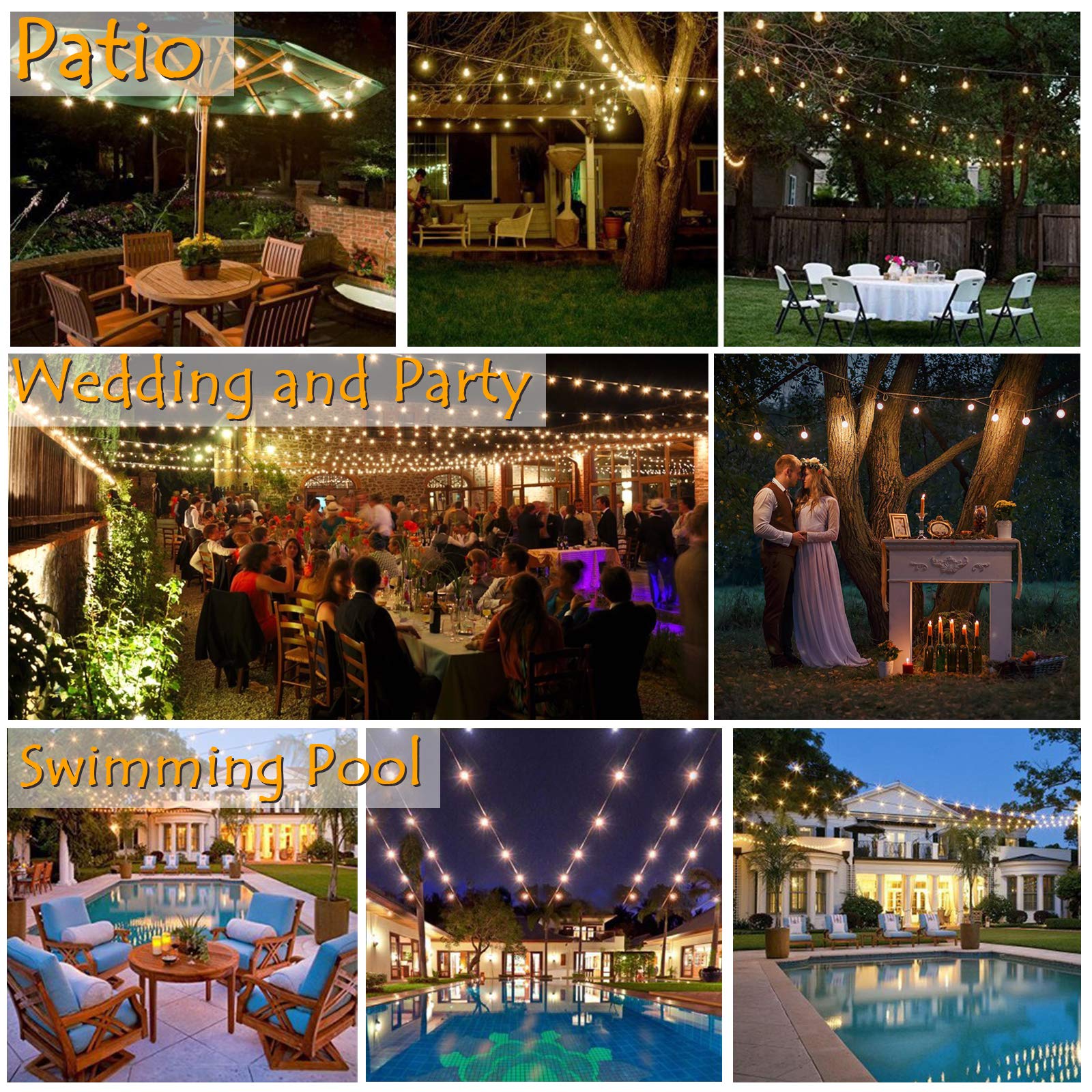 BRTLX Outdoor String Lights, Connectable IP65 Waterproof 100Ft S14 LED String Patio Lights with 30 Hanging Sockets and 32 x 1W Energy Saving LED Bulbs(2 Spare) E26 Base Warm White 2700K for Cafe Porch