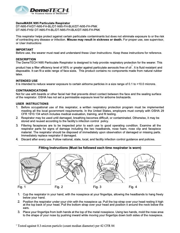 DemeTECH NIOSH N95 Respirator Face Mask, Fold-Style with Headbands, Made in USA, 20 Qty