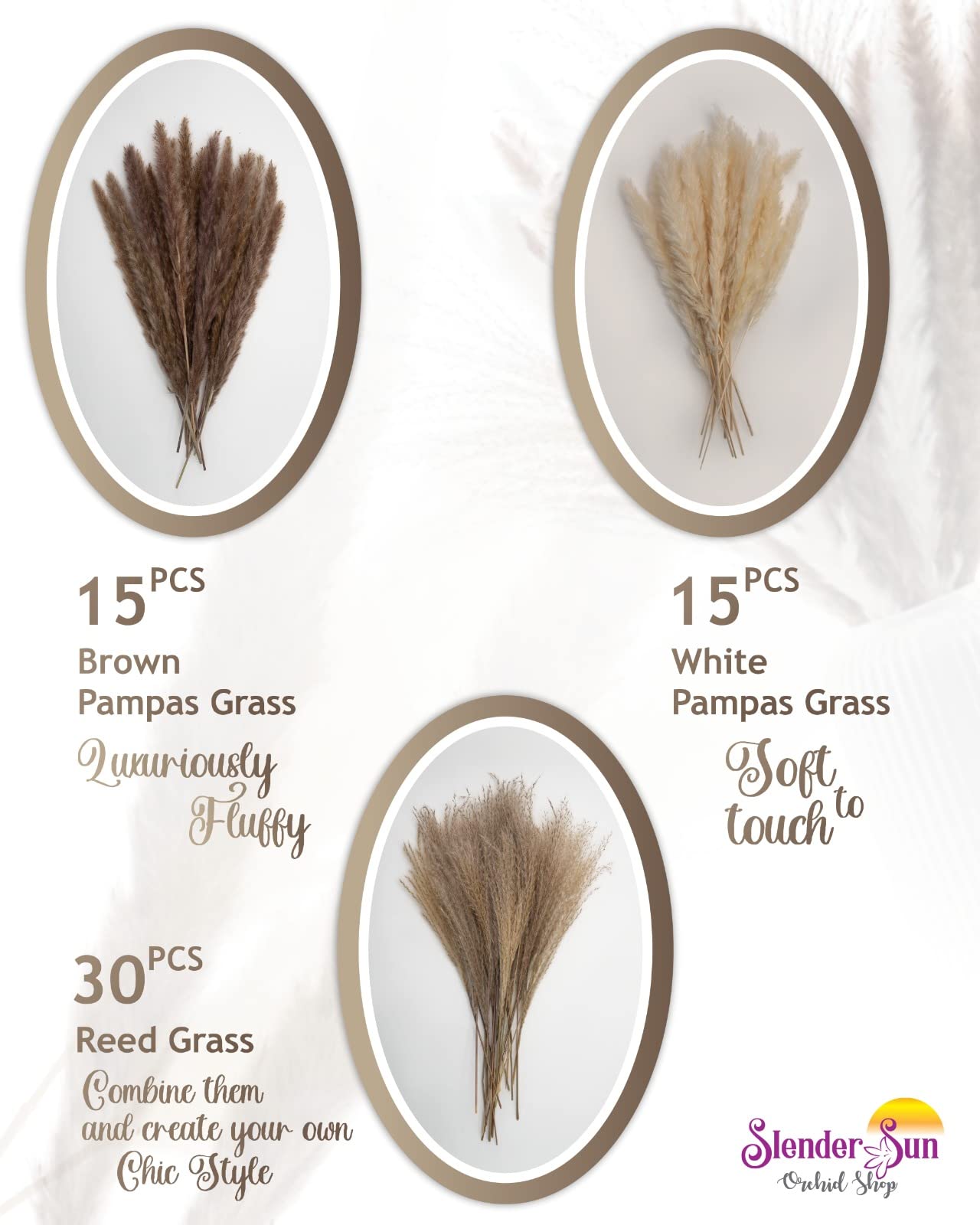 Spear SLENDERSUN Orchid Bouquet Dried Pampas Grass – Pack of 60 Pcs Tall Stems (17,7”) Soft & Fluffy Floral Bouquets Minimalist, Rustic, Luxury Home Garden Décor, White, Brown, Reed