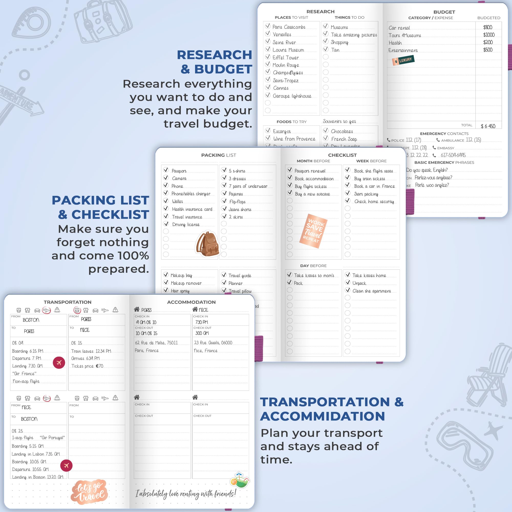 Clever Fox Travel Journal Pocket – Vacation & Road Trip Itinerary Planner Organizer & Traveling Memory Diary – Small Traveler Notebook (Periwinkle)
