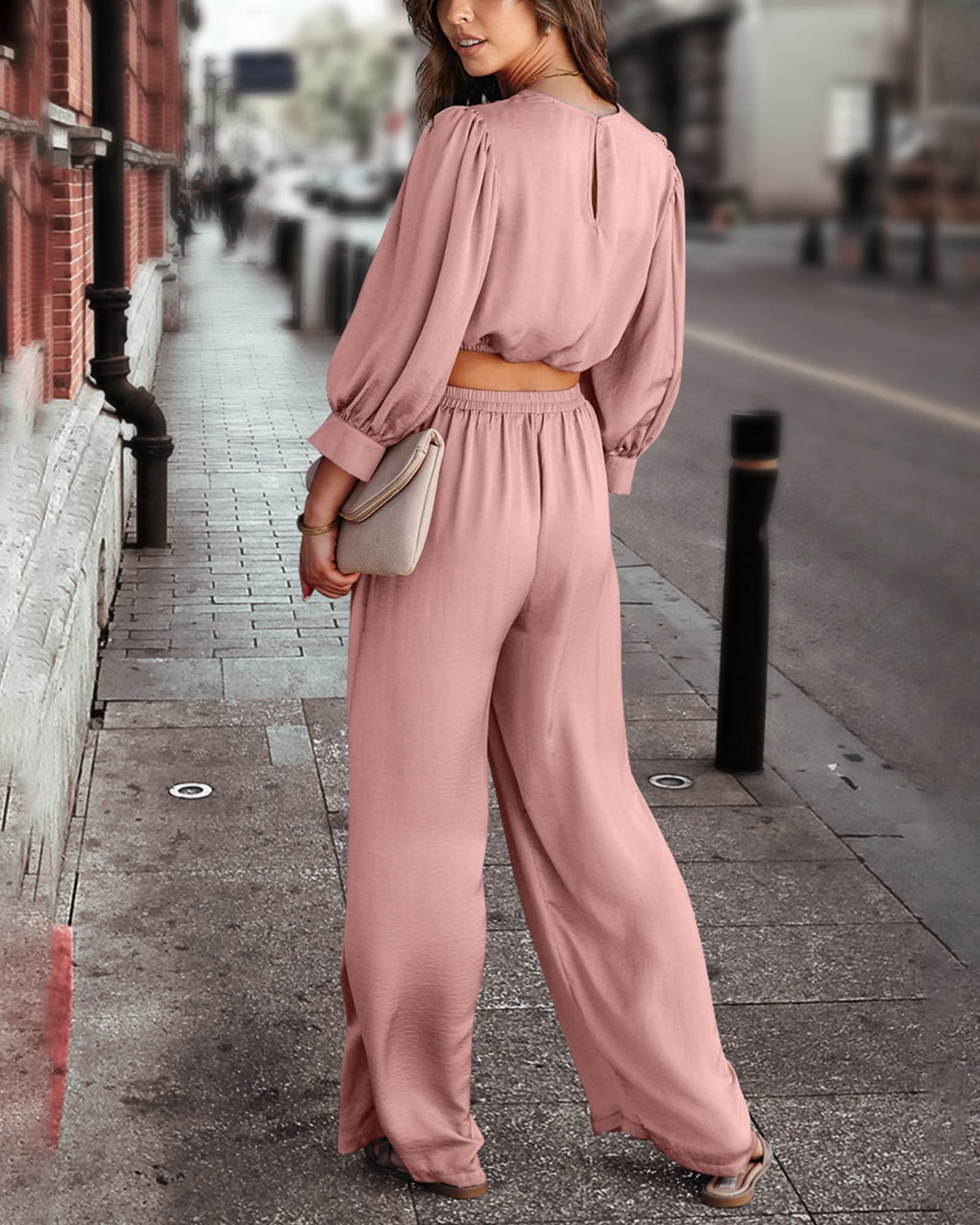 BTFBM Women 2 Piece Outfits Sweatsuit Oversized Satin Set & Wide Leg Pants Fall Lounge Set Wedding Guest(Solid Pink,X-Large)
