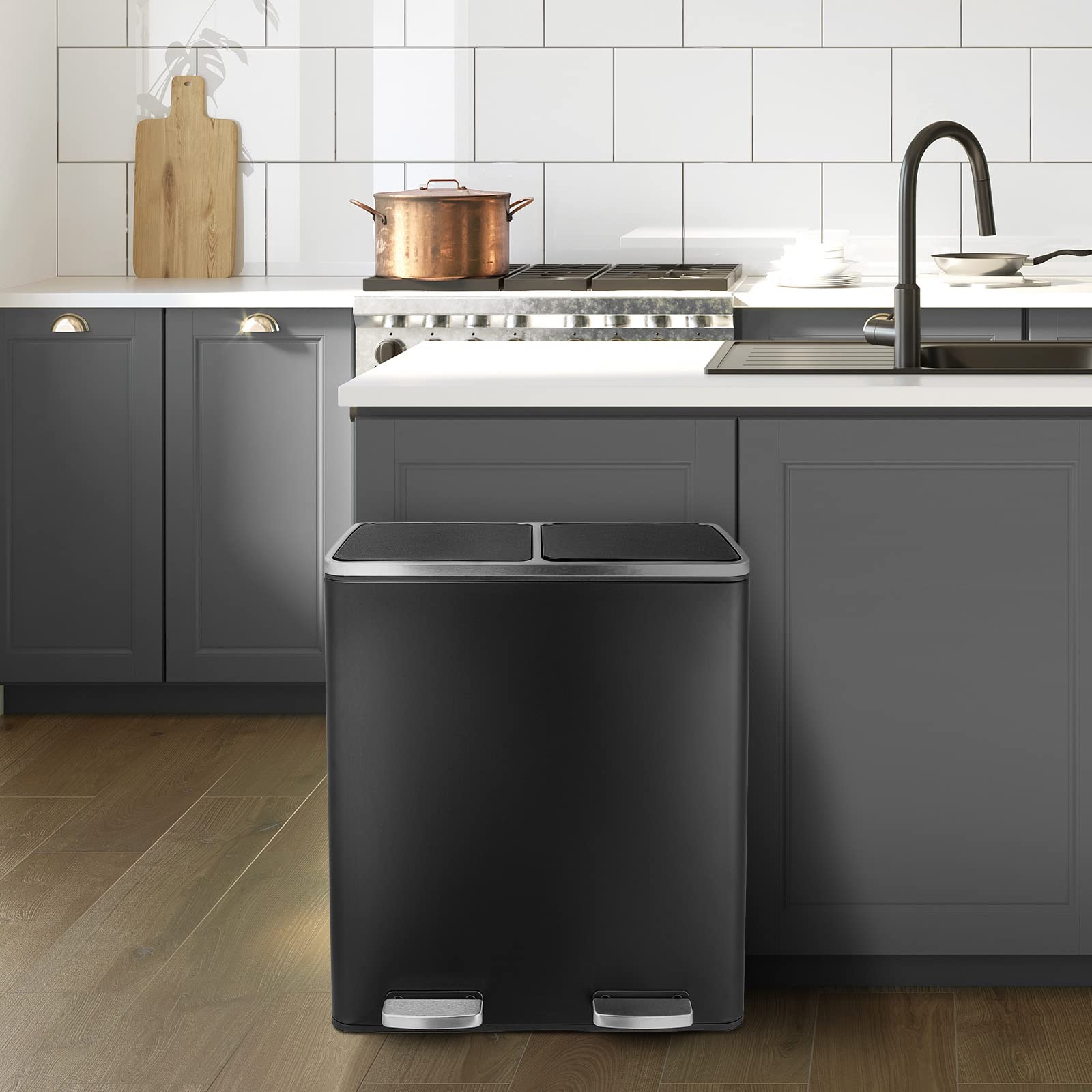 Clevich Metal 16 Gallon/60-Liter Trash Can, Double Compartment Classified Step Trash Can with Lid, includes 2 x 8 Gallon (60L) Removable Buckets, Airtight Rubbish Bin for Kitchen (Black)