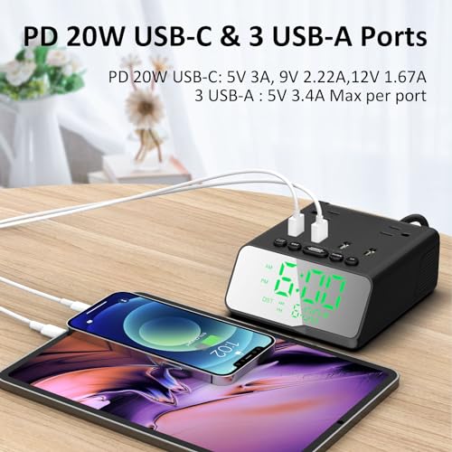 Electronic Alarm Clock with USB Charger Power Strip, 6FT Power Cord Alarm Clock Charging Station with 4 USB Ports and 2 Outlets for Bedside, Home, Hotel (Adjustable Brightness, ON/Off Switch)