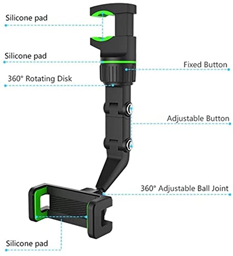 New 360° Rearview Mirror Phone Holder for Car Multifunctional Mount Phone and GPS Holder Universal Rotating Car Phone Holder, Can be Fixed and Adjusted Cell Phone Automobile Cradles (Green)