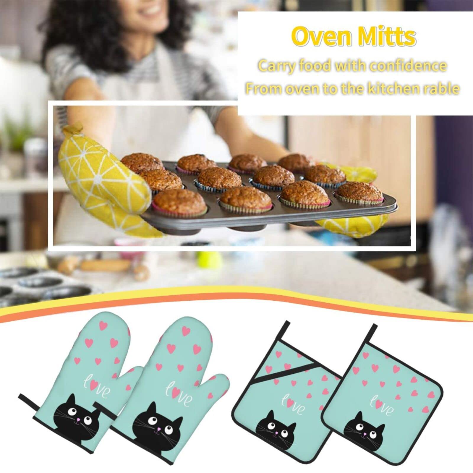 Cute Black Cat Love Oven Mitts and Pot Holders 4pcs Sets,Funny Kitchen High Heat Resistant Oven Mitts,with Oven Gloves and Hot Pads Pot Holders for Baking Cooking BBQ Grilling