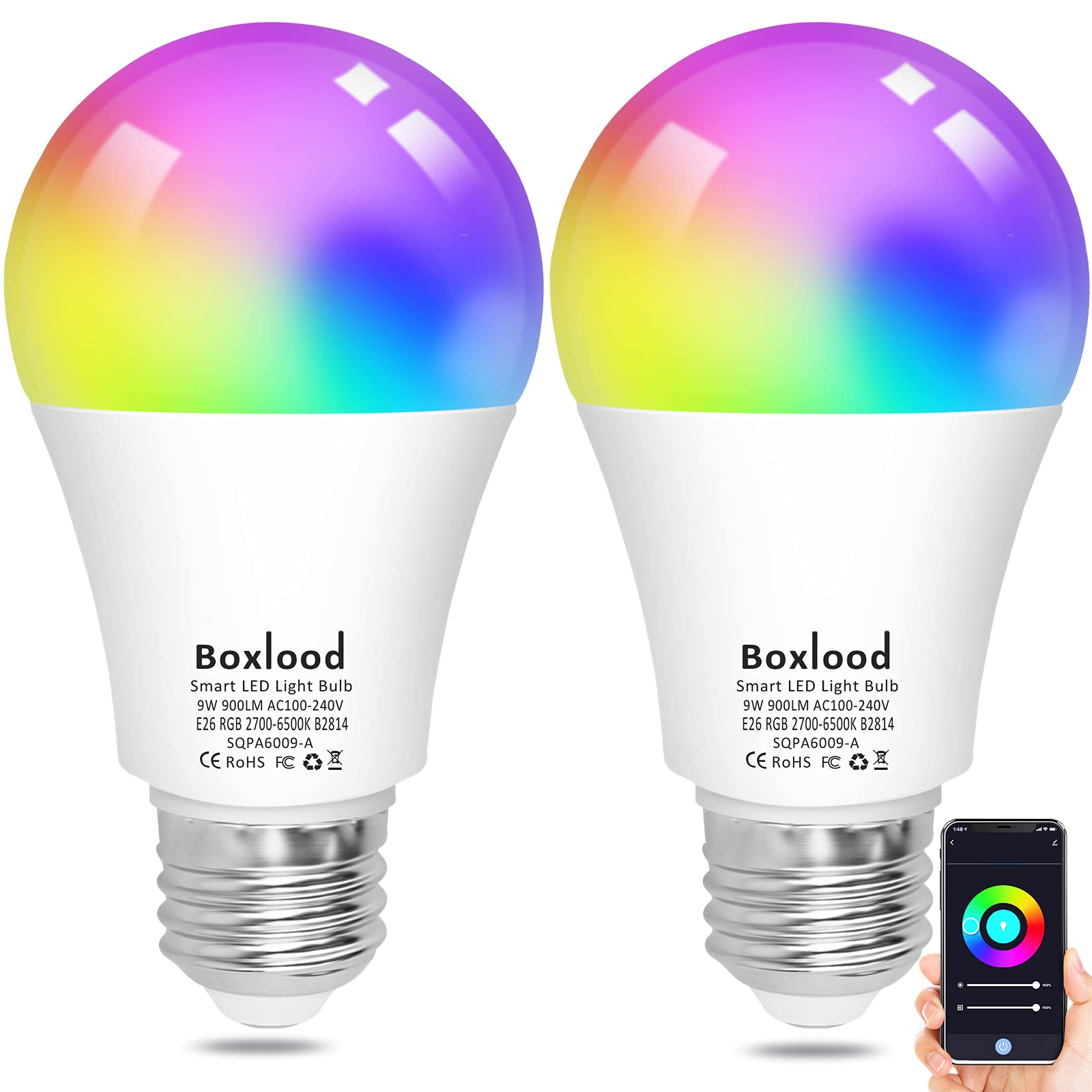 Boxlood Smart Light Bulbs, WiFi Smart Bulbs That Work with Alexa Echo Google Home Siri, No Hub Required, RGB Color Changing, Warm White to Cool White Tunable, Dimmable 9W=80W Equivalent A19 E26 2Pack