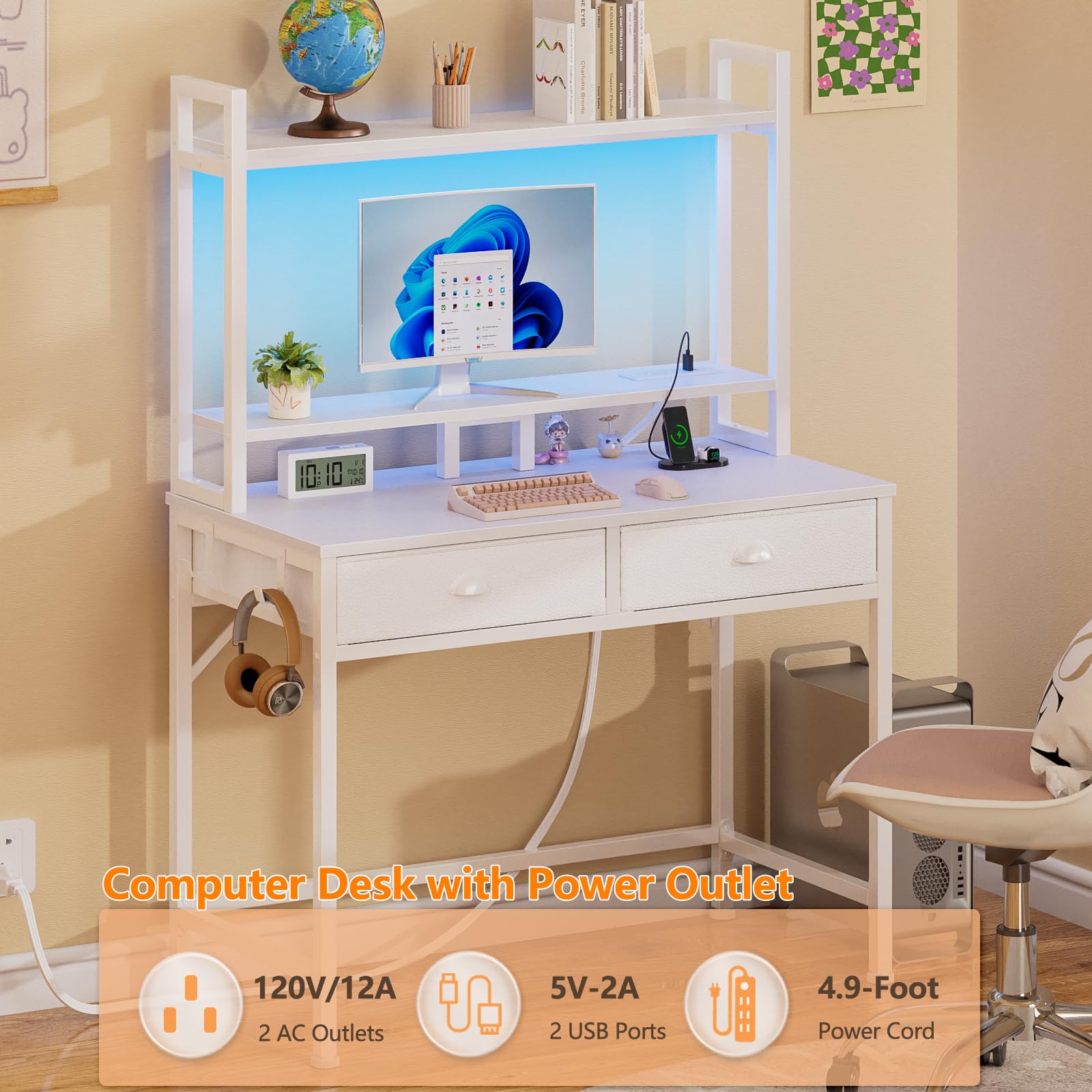 Furologee Small White Desk with Drawers, 36 Inch Home Office Computer Desk with Power Outlet and LED Light, Vanity Desk with Storage Shelves, Modern Work/Writing/Study Table for Bedroom, White