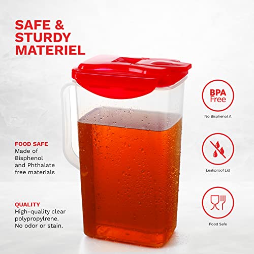 Pitcher 50 Oz. (Set of 2) Plastic Pitcher with Lid | Jug for Fridge | Juice Container with Lid | Iced Tea Pitcher | Airtight Pitcher with Spout Perfect for Lemonade, Water. BPA Free, Red (Small)