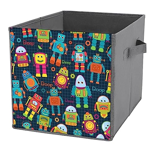 Cute Cartoon Robots Storage Cubes with Handles Foldable Fabric Bins Organizing Baskets for Shelves Closet