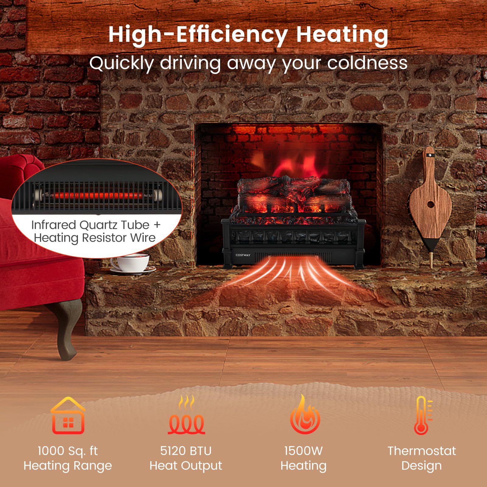 COSTWAY Eternal Flame Electric Fireplace Log, 20-inch Fireplace Insert Log Heater with Realistic Pinewood Ember Bed, Adjustable Temperature, Infrared Electric Fireplace Log for Home Decor, Black 1500W