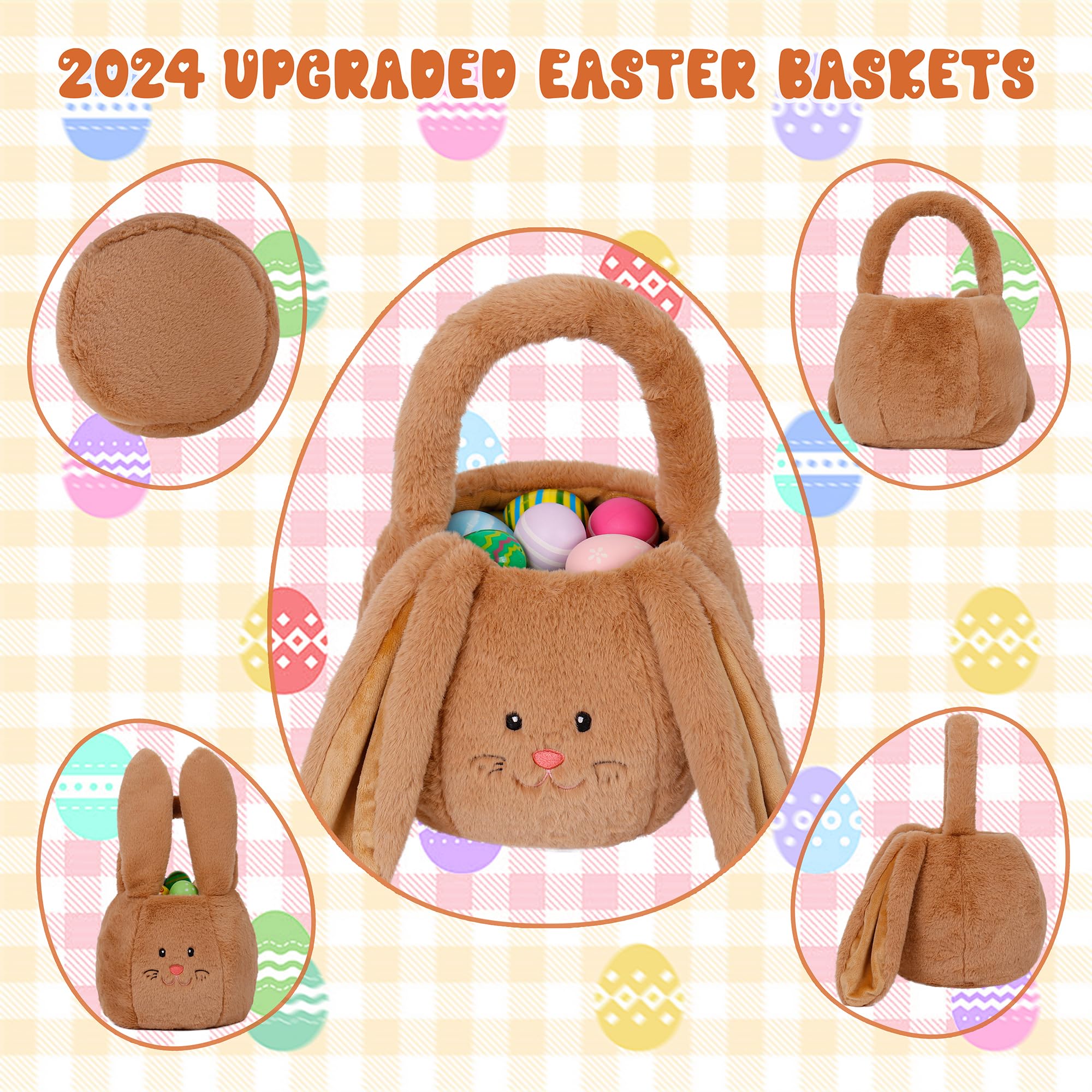 OurHonor Easter Basket Plush, Bunny Easter Basket For Kids, Plush Easter Buckets With Long Ear Easter Bags for Boys Girls, Easter Tote Bags For Decorations Gifts Storage (Brown)