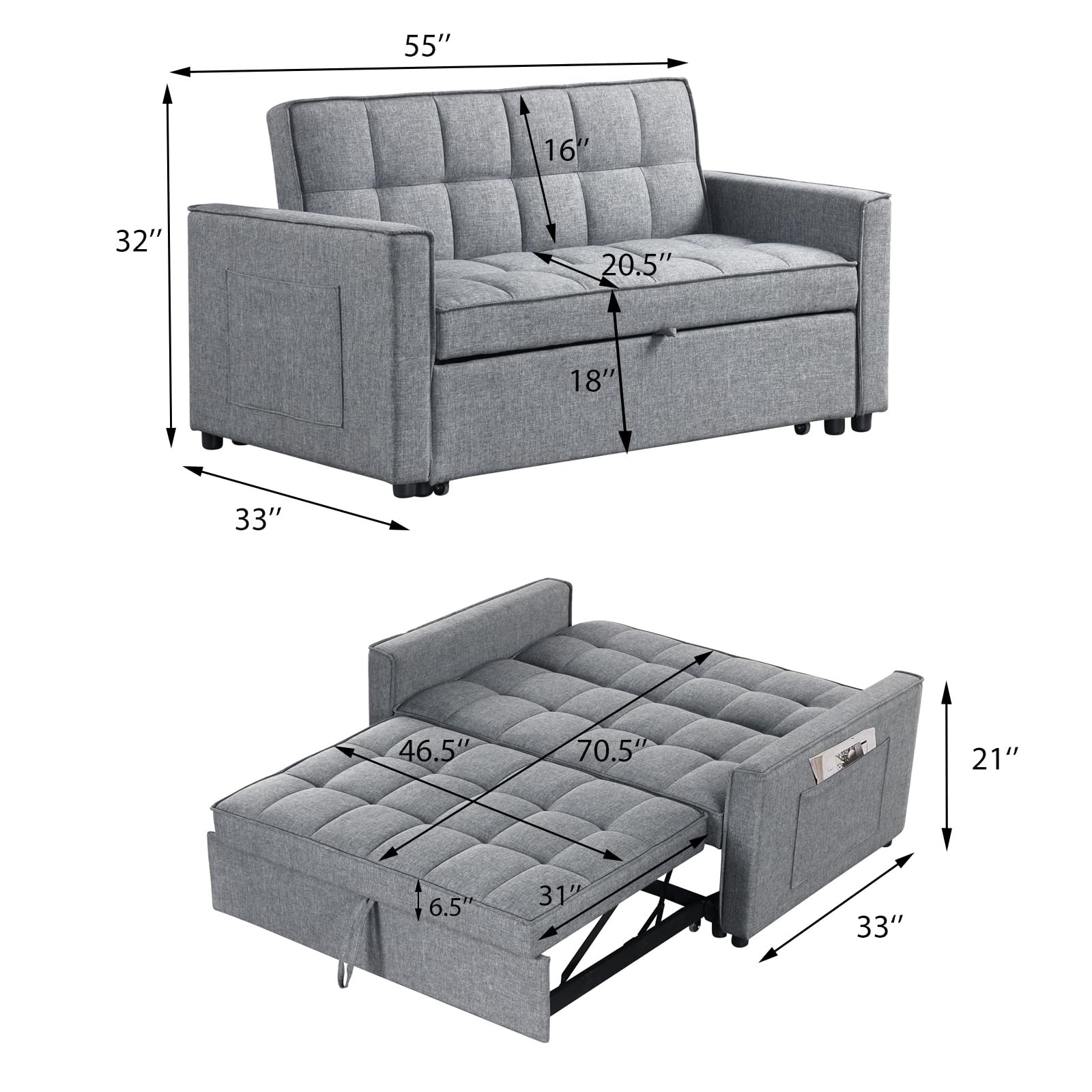 Furrich 3 in 1 Pull Out Couch, Pull Out Sofa Bed with Adjustable Backrest, Storage Pockets, Convertible Futon Sleeper Sofa Couch with Pullout Bed for Living Room, Small Space, Apartment, Grey 308LG