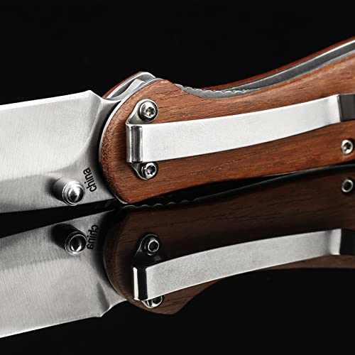 Dispatch Folding Pocket Knife, Pocket Clip and Liner Lock, with Wooden Handle and 3Cr13 Sanding Blade for Outdoor, Tactical, Survival, and EDC