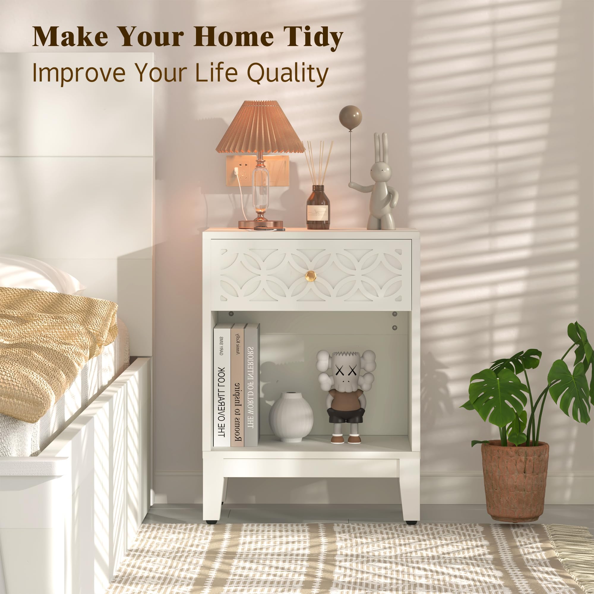 E-SHANHOMY White Nightstand Drawers Modern Side Table for Bedroom,Night Stand End Table with Storage Shelf,Night Tables Wood Nightstand Table Bedroom, 24" H