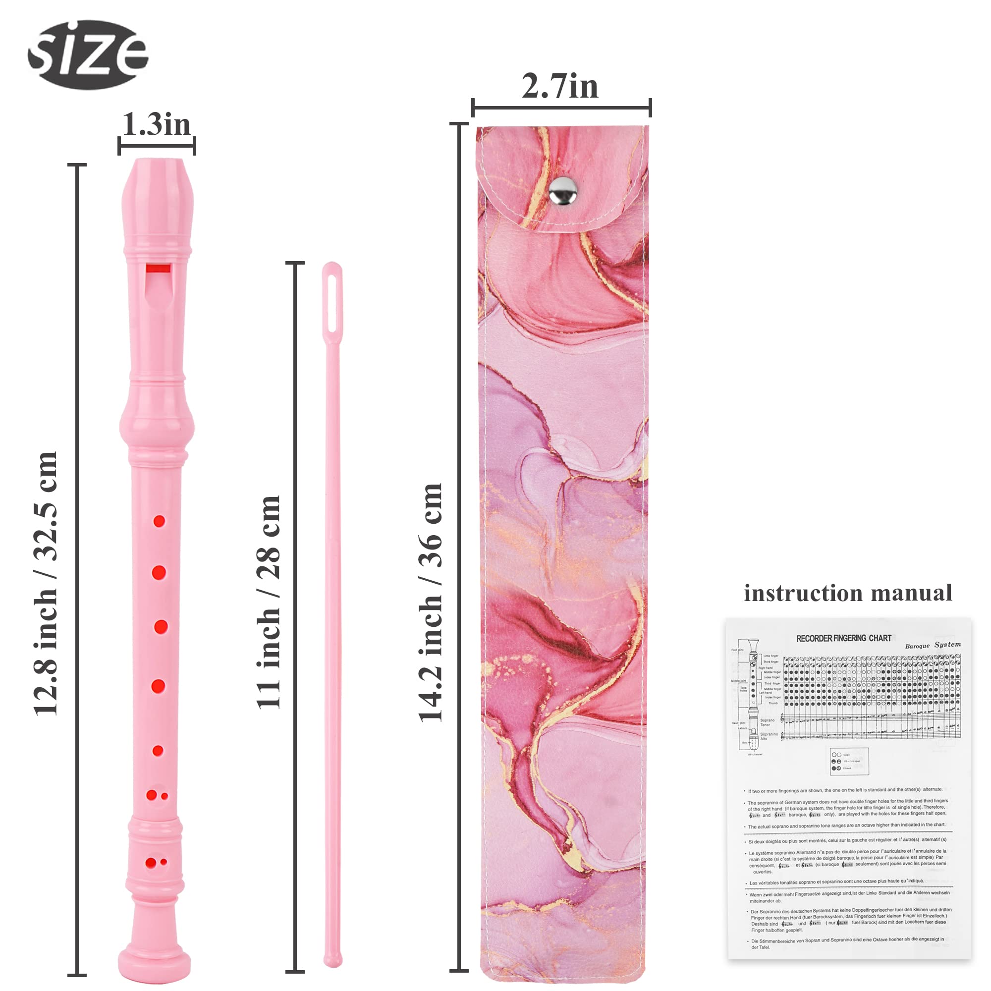 Jasenna Recorder Instrument for Beginner Kids Adults,8-Hole Soprano Descant Recorder Music Flute with with Cleaning Rod & Leather Case For School Student Home Entertainment(2-Pink Splash-ink)