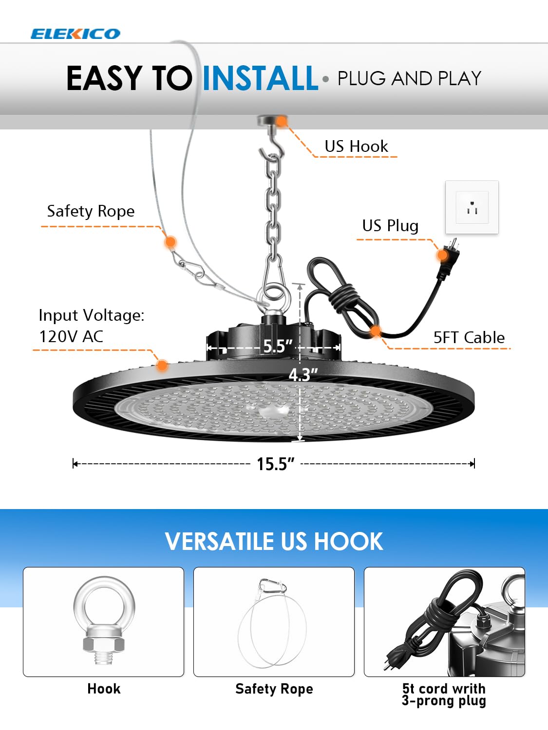 ELEKICO UFO Led High Bay Light, Upgrade Super Bright 350w 52500lm 5000k High Bay Led Shop Lights with Us Plug 5' Cable, Led Shop Lights for Garage Workshop Factory Barn Gym Warehouse 4 Pack