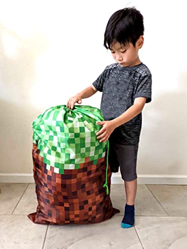 Pixel Gamer Drawstring Laundry or Gift Bag Storage Video Game Sack for Kids Mining Craft Gamer, 36x24 inches