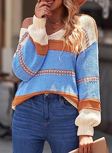 EVALESS Womens Long Sleeve V Neck Knit Striped Fall Winter Sweaters Pullover 2023 Oversized Chunky Color Block Casual Loose Cropped Tops,Orange M