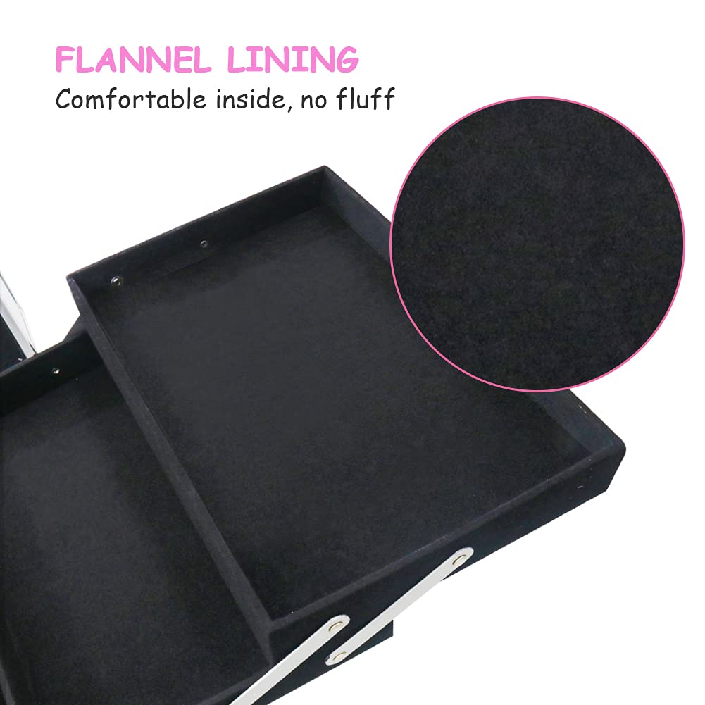 Cosmetic Rolling Makeup Train Case 4 in 1, Make Up Box Travelling Professional, Cosmetology Case on Wheels Pink Black Silver for Cosmetic, Hairstylist, Nail Technician, Tattoo
