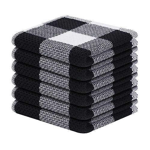 Mordimy 100% Cotton Waffle Weave Plaid Dish Cloths, 12 x 12 Inches, Super Soft and Absorbent Quick Drying Buffalo Check Dish Rags for Kitchen, 6-Pack, Black & White