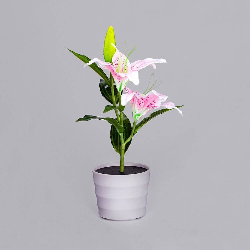 Solar Flower Pot LED Light Lily Flower Table Lamp Decorative Plant Garden Light Lawn Lamp for Room Outdoor Decoration (Pink)