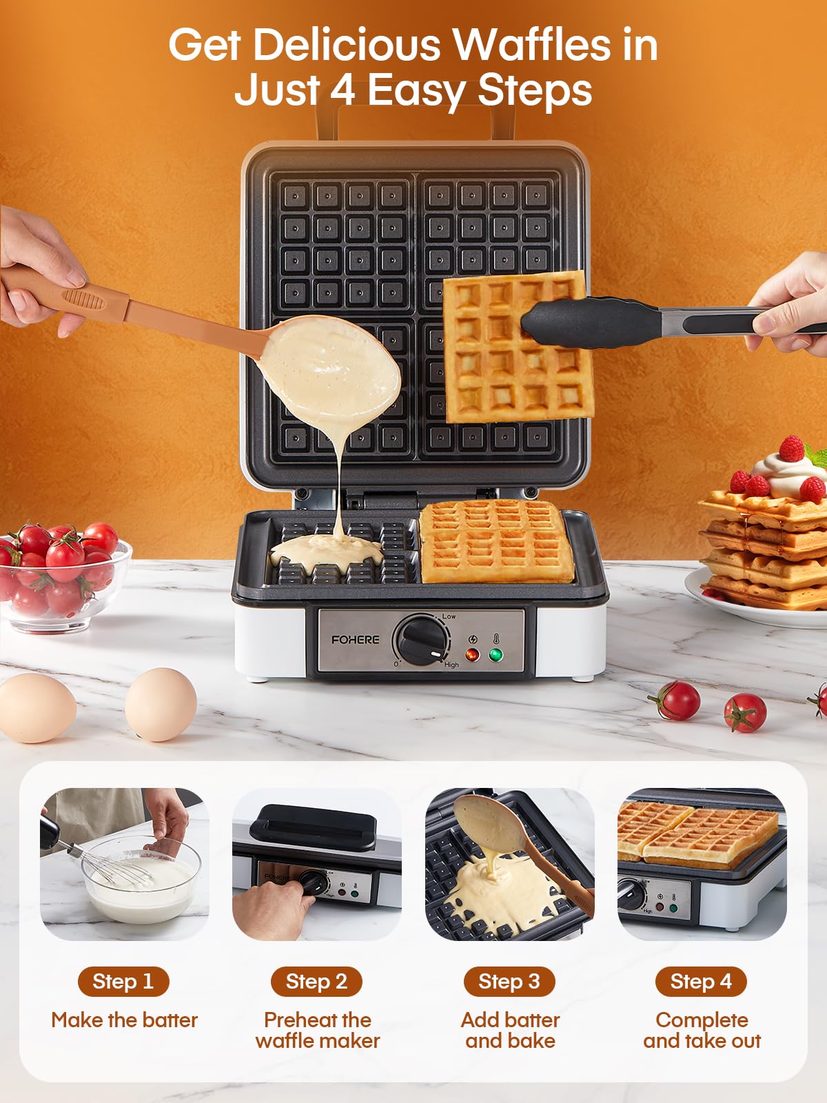 FOHERE Belgian Waffle Maker 4 Slices, 1200W Square Waffle Iron, 5 Browning Levels, Nonstick Plates, Cool-touch Handle, Anti-scald, Anti-overflow, Indicator Lights, Recipe, White