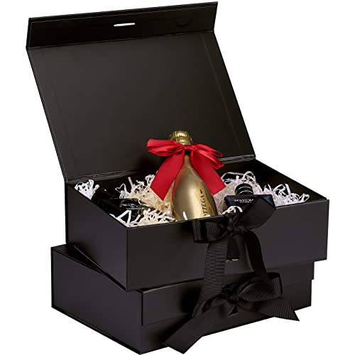 Moretoes 2 PCS Black Gift Boxes with Lids for Presents, Gift Boxes with Ribbon and Magnetic Closure for Christmas, Mother's Day, Holidays, Father's Day, Birthdays（10.5x7.5x3.1 Inches）