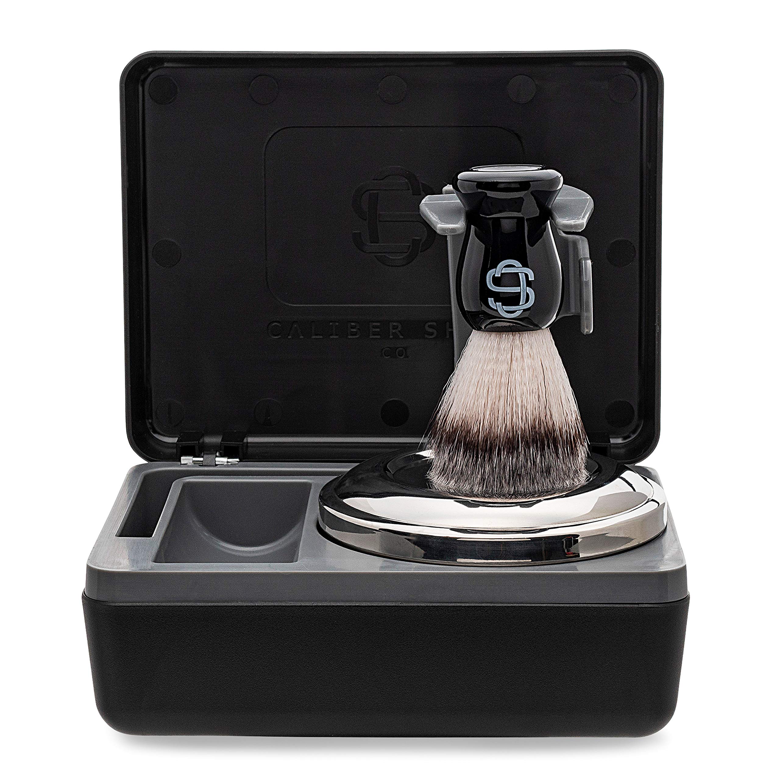Caliber Shave Co. Travel Wet Shaving Kit | Includes Durable Case With Rotating Stand, Wet Shave Brush Made With Synthetic Material, And Aluminum Shave Bowl With Lid