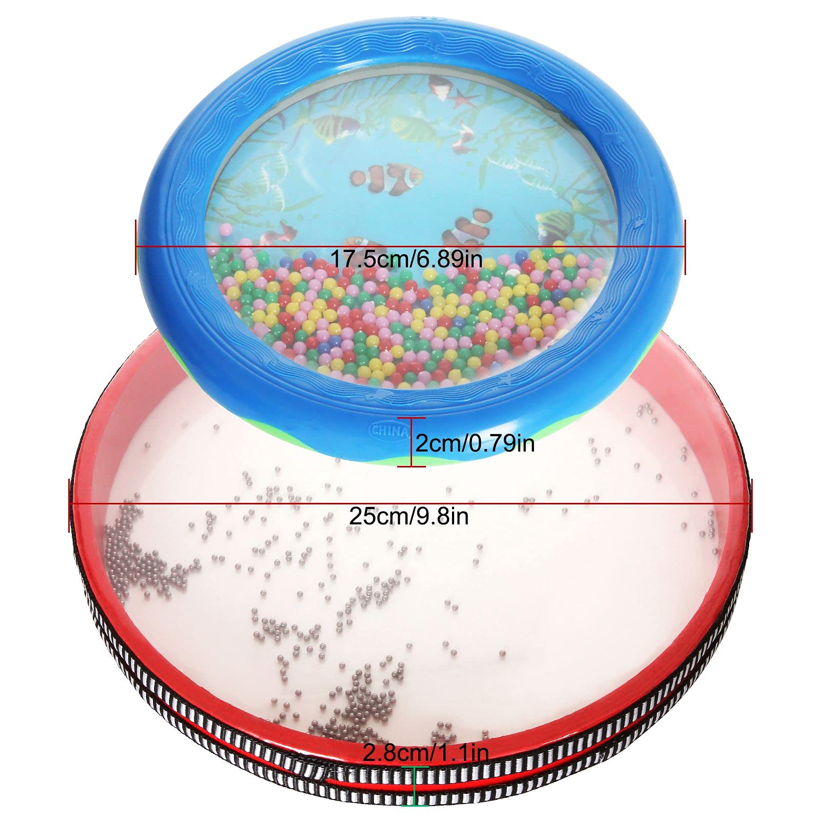 ZIQI 2 PCS 10" and 7" Ocean Drums, Wave Bead Ocean Drum Musical Instrument Percussion (Red & Blue) For Ocean Sound Effect, Sea Sound Drum for Family game, Gift ideas, Relax, Soothing emotion