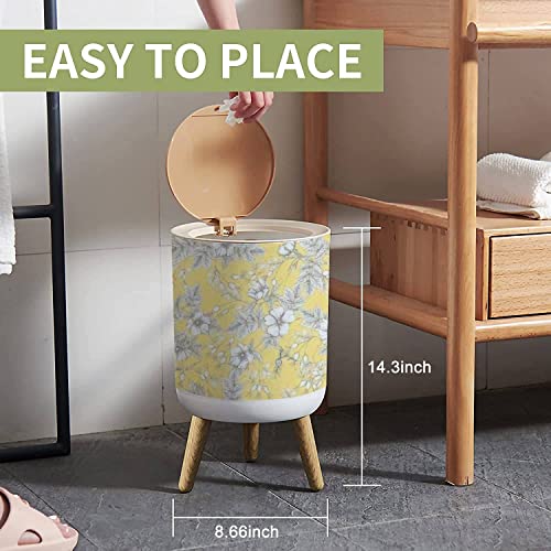 Small Trash Can with Lid Rose hips with flowers and berries seamless Graphic drawing engraving Wood Legs Press Cover Garbage Bin Round Waste Bin Wastebasket for Kitchen Bathroom Office 7L/1.8 Gallon