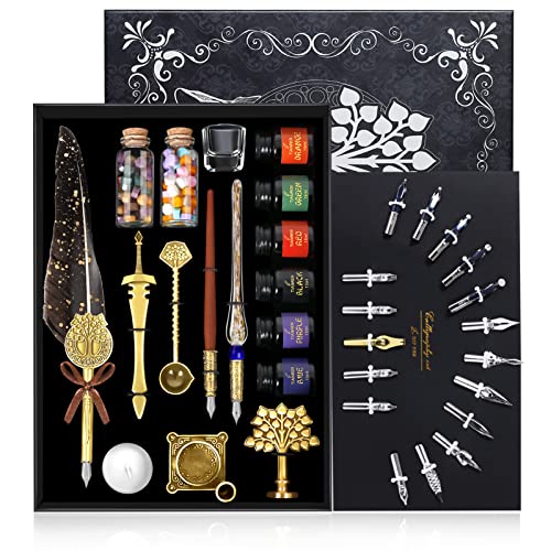 Quill Pen and Ink Set,Feather Dip pen with 6 bottles of ink,Antique Calligraphy Pen,Feather Writing Pen,Wooden Dip Pen,Glass Dip Pen,Wax Seal Stamp Kits Birthday&Christmas Gift for Men&Women(Gray)