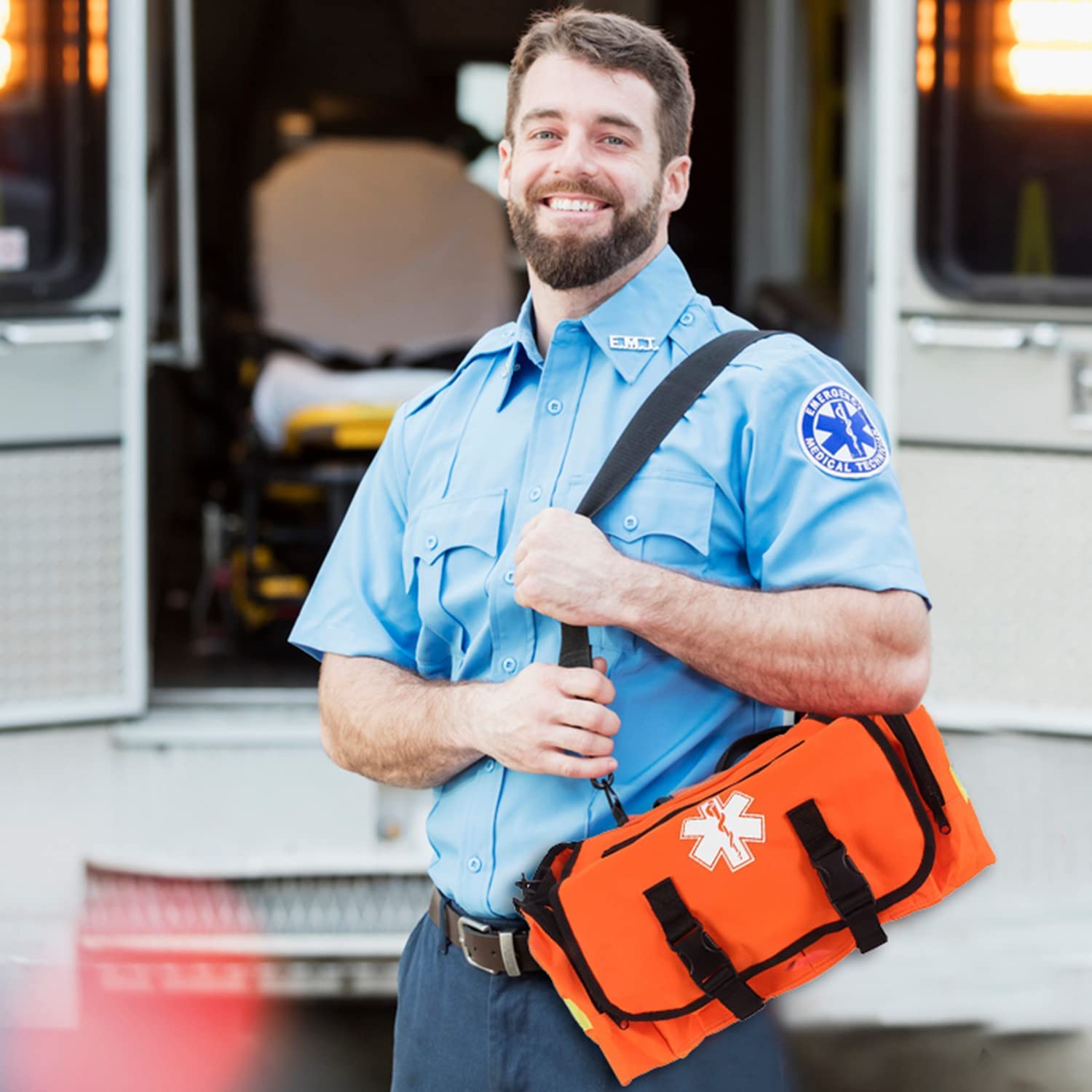 Ever Ready First Aid Fully Stocked EMT Trauma Bag Feat. Tourniquet, Chest Seals, Bleeding Control, Bandages, Shears, Gauze Pads and Rolls (Orange)