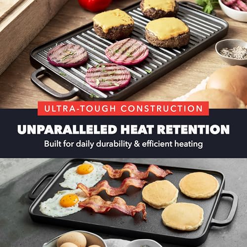 GreenPan x Bobby Flay Cast Iron Pre-Seasoned 11” Reversible Double Burner Rectangle Grill/Griddle, Helper Handles, Induction Suitable, Versatile Stovetop, Oven, BBQ & Fire, Indoor/Outdoor Use, Black