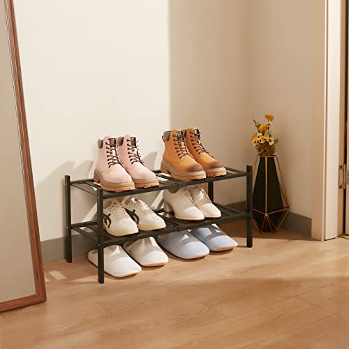 quiqear Bamboo Shoe Rack, 2 Tier Shoe Rack Organizer, Stackable & Durable Shoe Shelf Holder, Free Standing Shoe Racks, Shoe Storage Organizer for Entryway, Closet, Hallway (Black)