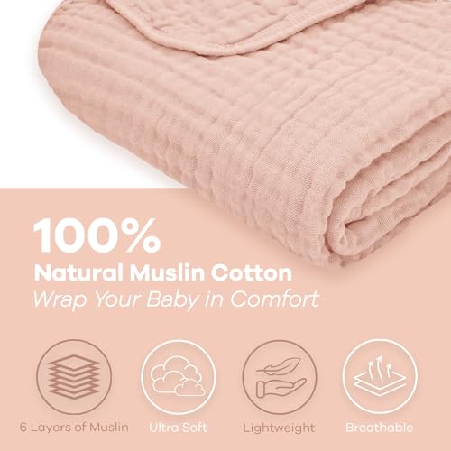 Comfy Cubs Baby Muslin Blanket, Swaddle for Newborns and Toddlers, Large 40โ x 40โ Cover, 6-Layer Plush Softness for Infant Swaddling, Receiving, or Tummy Time, Shower Gift (Blush, Baby - Muslin)